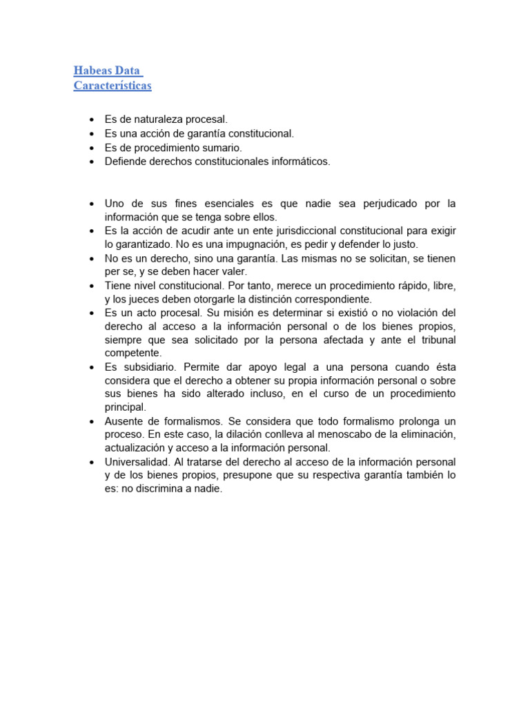 Habeas Data CARACTERISTICAS | PDF