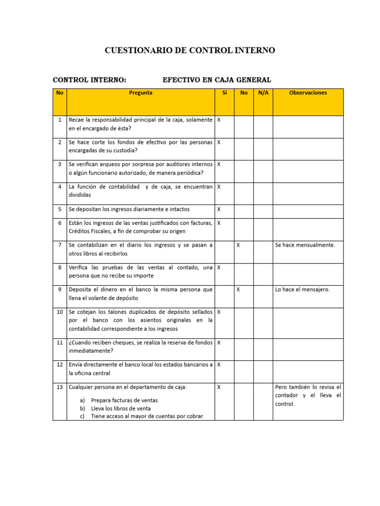 Cuestionario de Control Interno | PDF | Cheque | Bancos