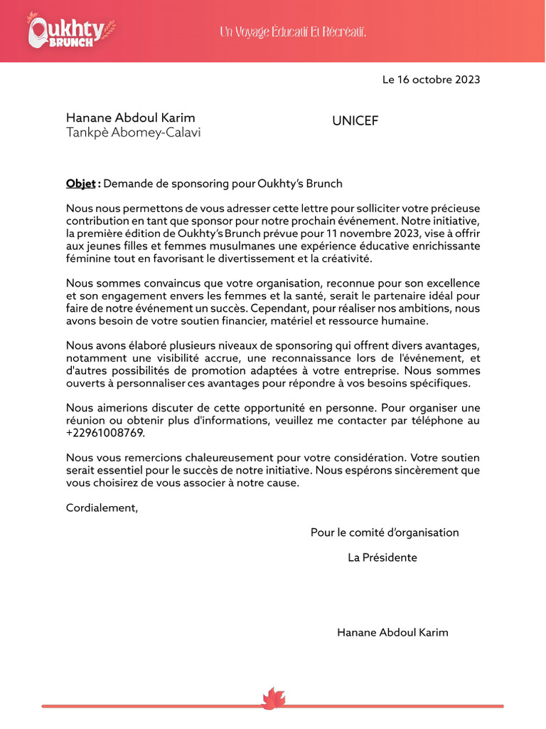 Demande de Sponsoring UNICEF Mis en Forme | PDF