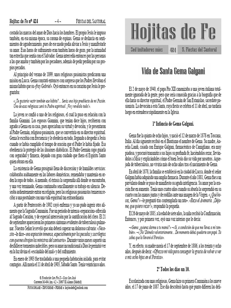 Hojitas De Fe 424 A4 Vida De Santa Gema Galgani Pdf Amor