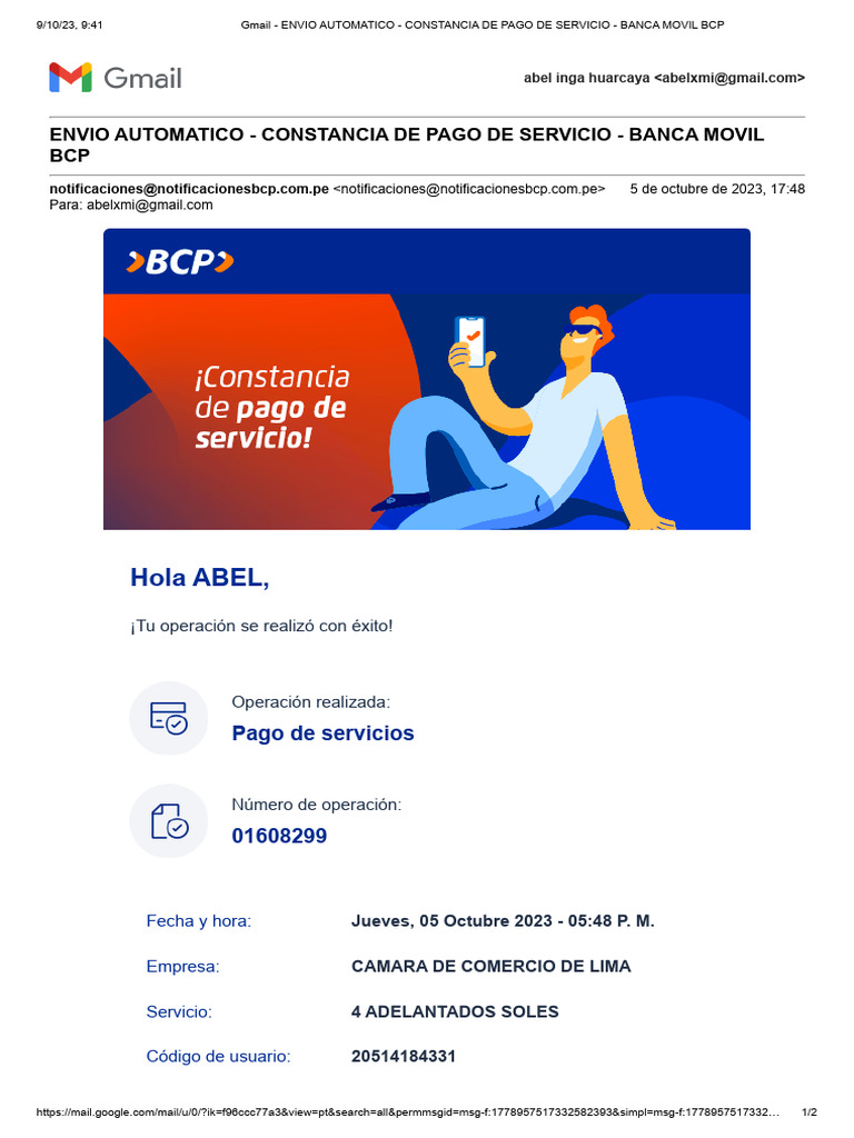 Envio Automatico - Constancia de Pago de Servicio - Banca Movil BCP | PDF | Negocios | Finanzas ...