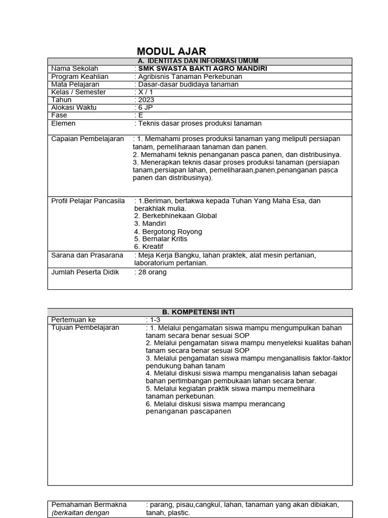 MODUL AJAR Dasar Dasar Budiidaya Tanaman Perkebunan | PDF