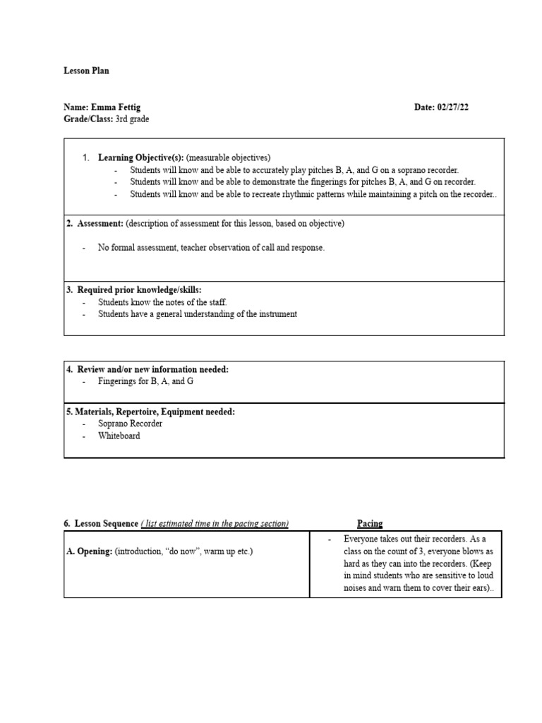 Recorder Lesson Plan | PDF | Recorder (Musical Instrument) | Lesson Plan