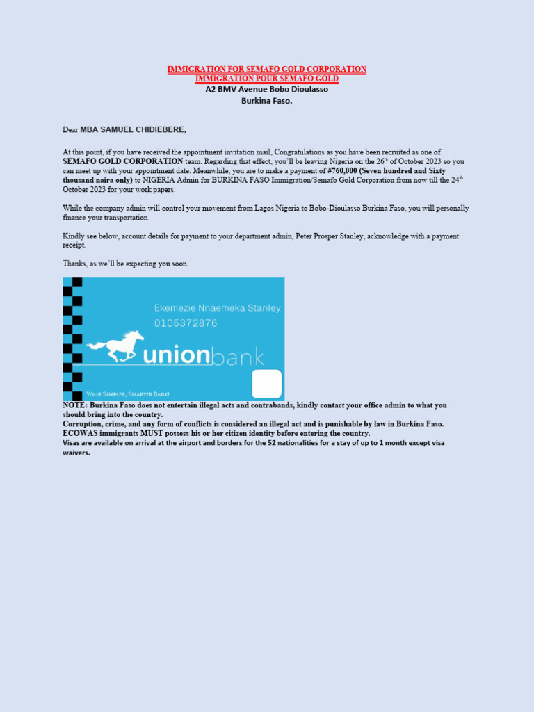 Immigration Process for Semafo Gold Corp | PDF