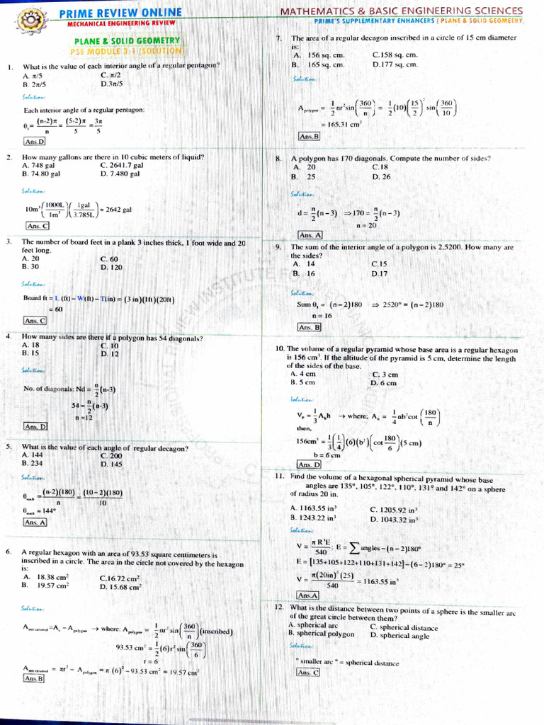 3.1 Plane and Solid Geometry Solutions | PDF | Sphere | Area