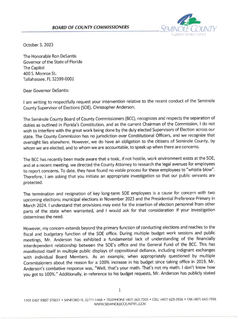 2023 OCT 3 Letter To Gov DeSantis Re SOE | PDF
