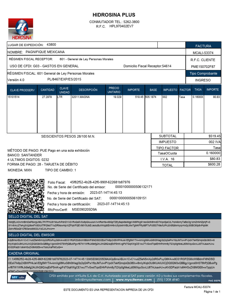 Factura Hidrosina Plus | PDF | Comercio | Pagos