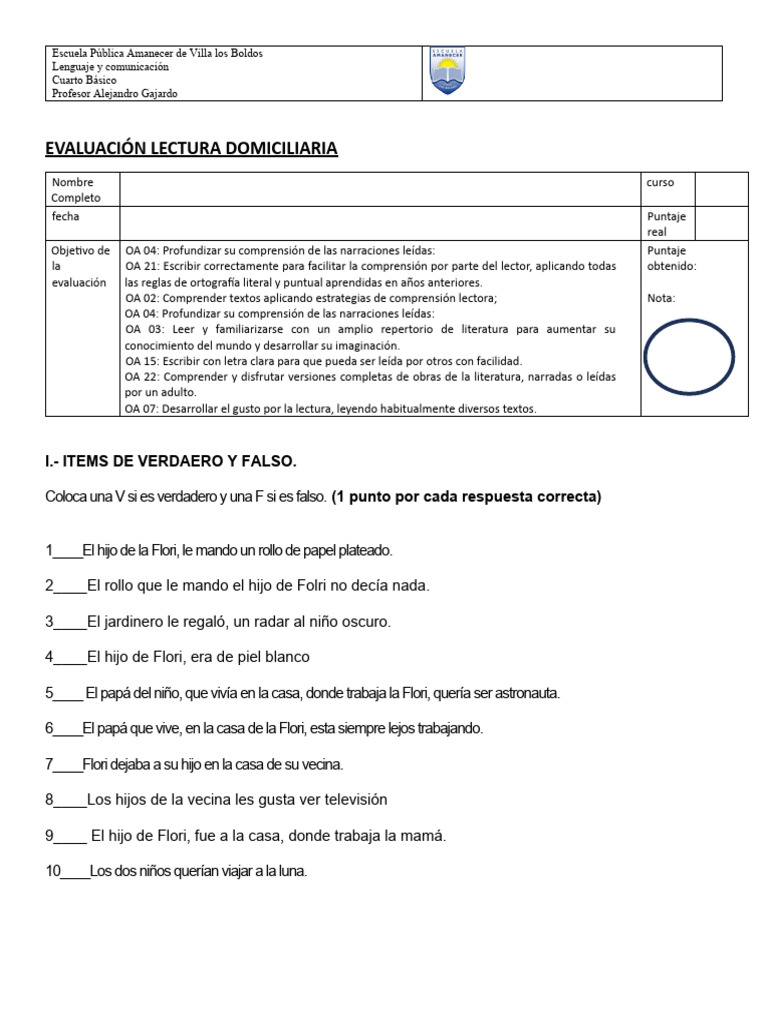 Prueba Del Libro VIAJE A LA LUNA. Respuestas | PDF | Artes del Lenguaje ...