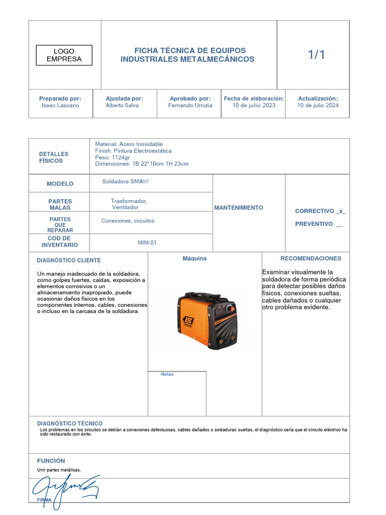 Ficha Técnica Metalmecánica | PDF | Soldadura | Construcción