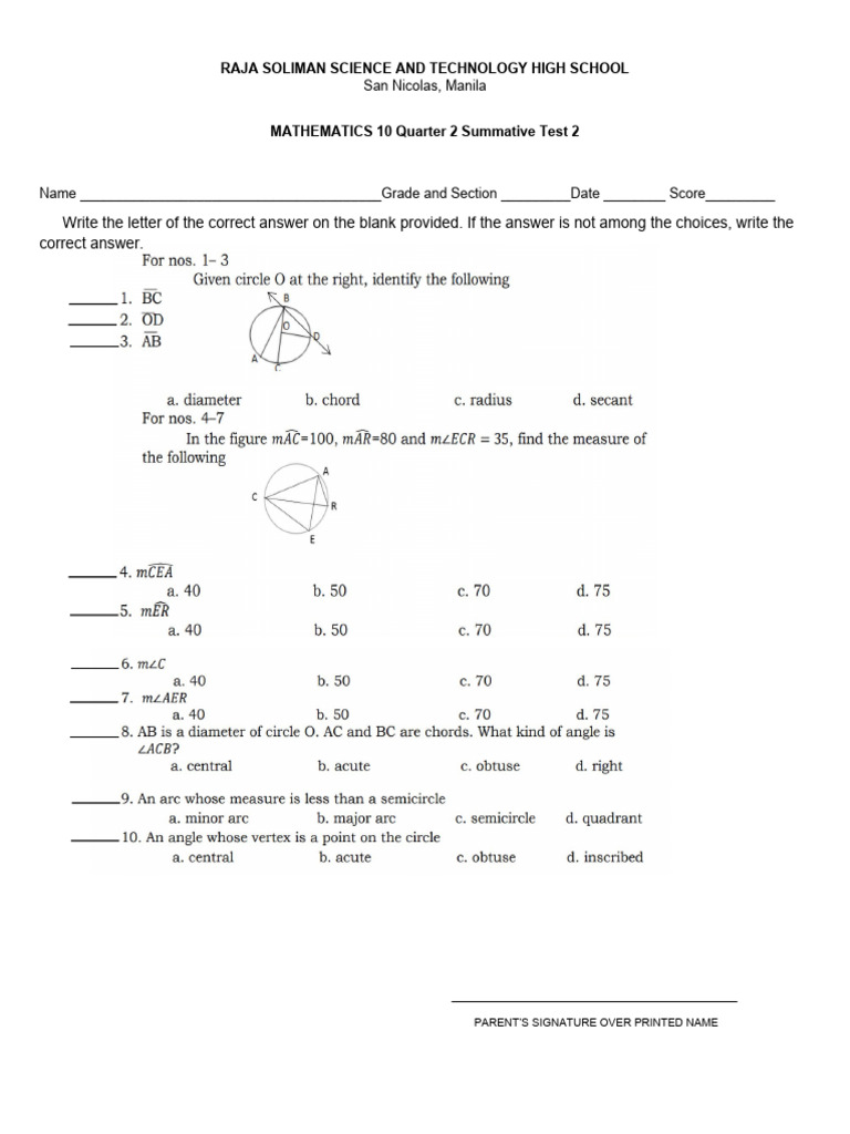 Math 10 Summative Test 2 Guide | PDF