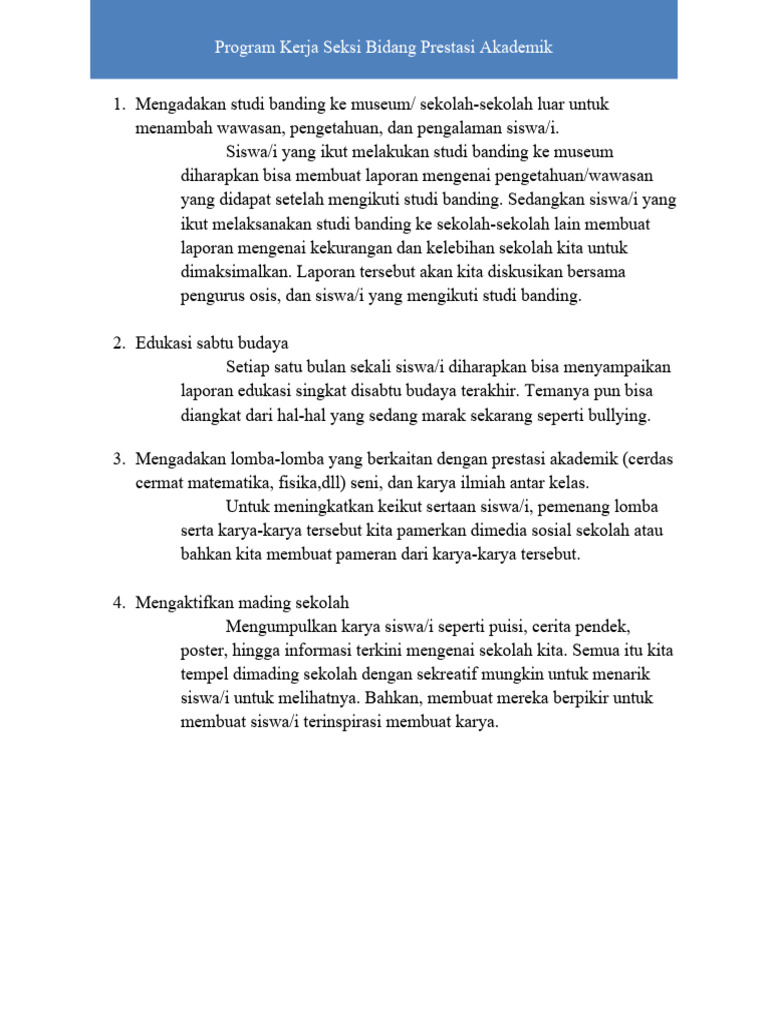 Program Kerja Sekbid Prestasi Akademik | PDF