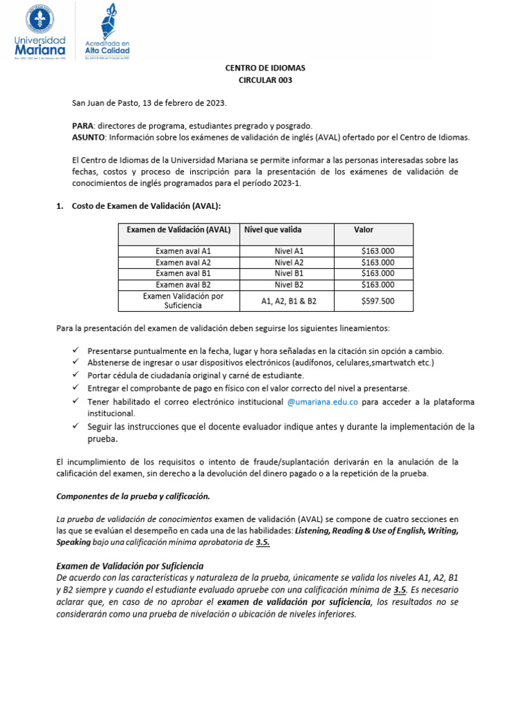 Circular 003 - Examenes de Validación de Inglés 2023-1 | PDF