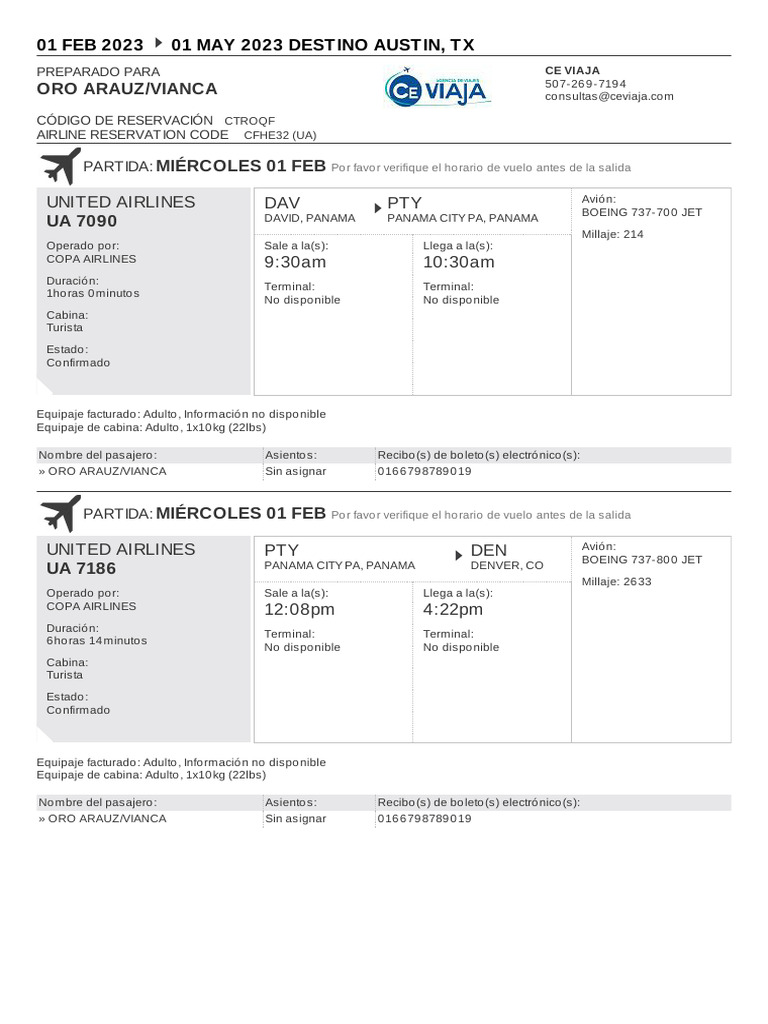 Reserva De Viaje 01 Febrero Para Vianca Oro Arauz Pdf Aviación