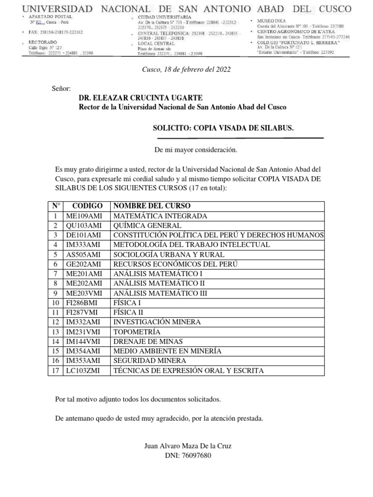 Solicitud Dirigida Al Rector | PDF