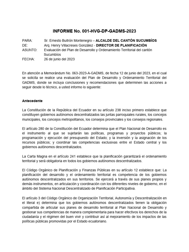 Informe de Motivación para La Actualización Del Pdot | PDF | Planificación | Ecuador