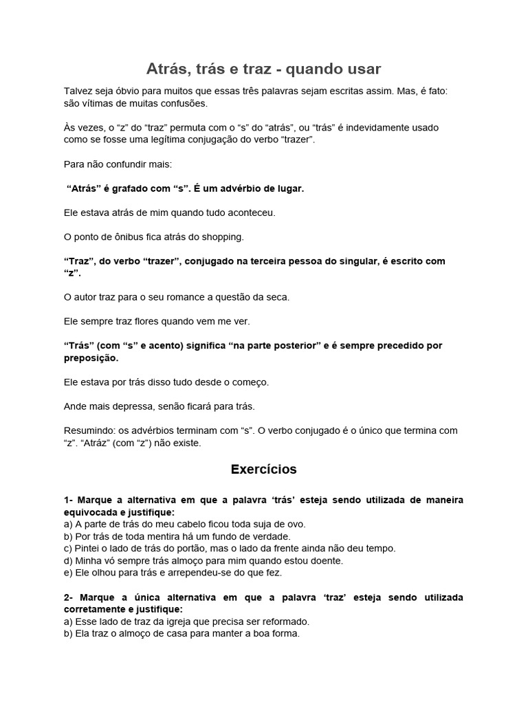Atrás, trás e traz - quando usar | PDF