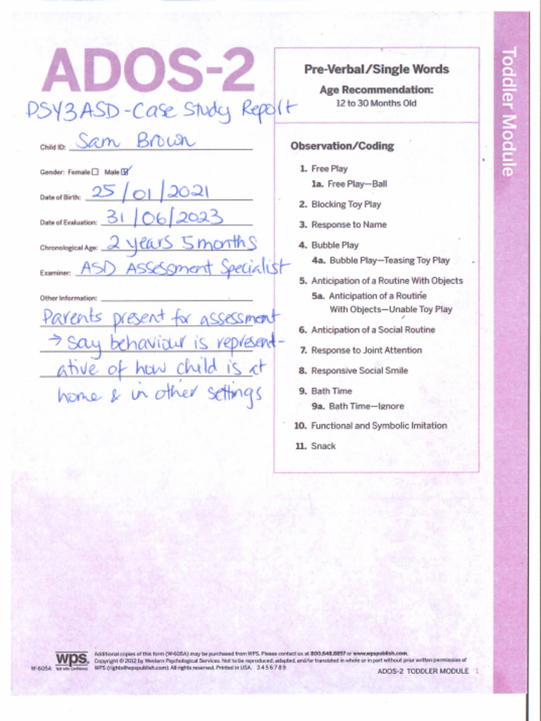 PSY3ASD 2023 Case Study Report - ADOS-2 (Item Summary Scores) | PDF