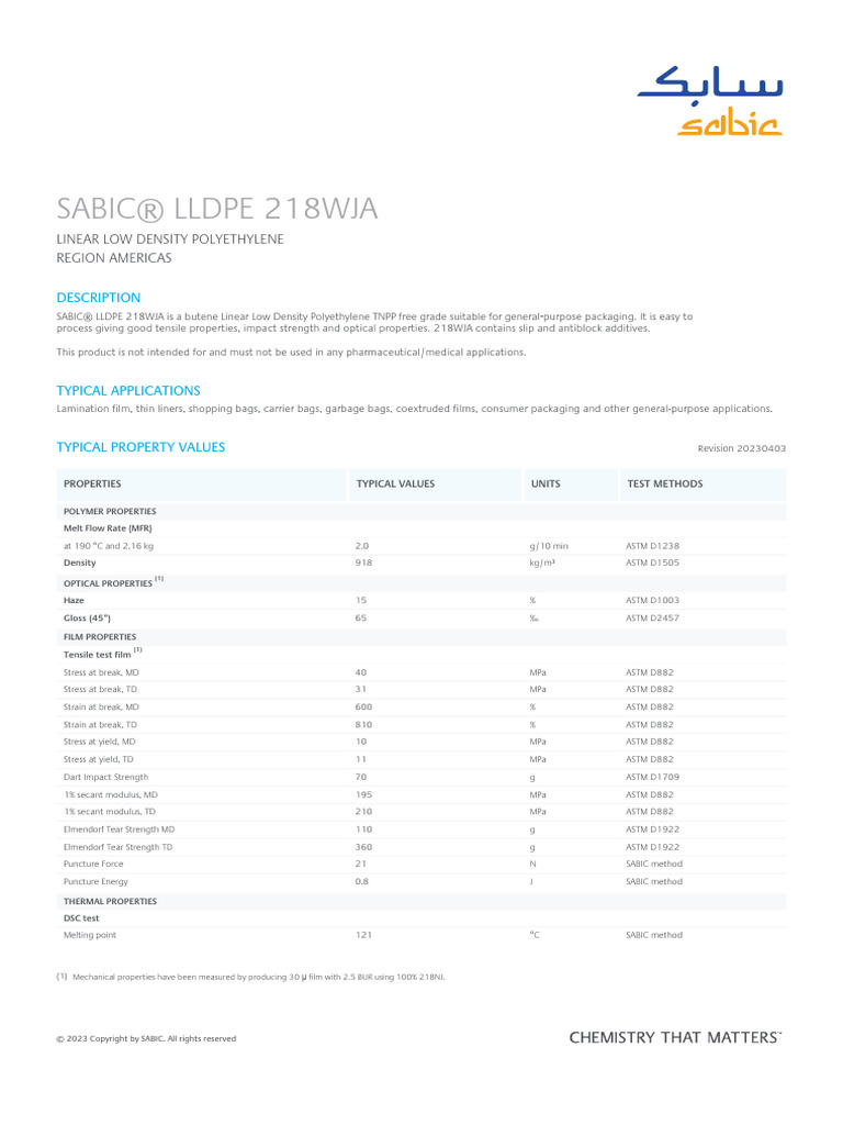SABIC® LLDPE - 218WJA - Americas - Technical - Data - Sheet | PDF | Recycling | Polyethylene