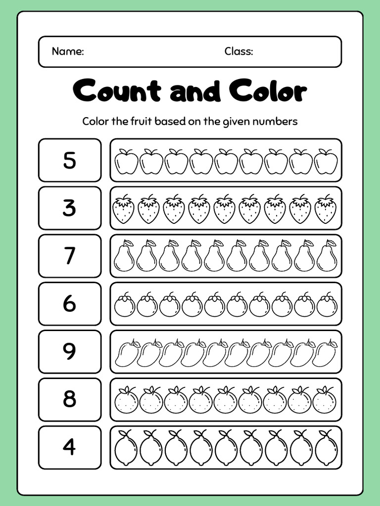 Green Simple Fruit Illustrated Mathematics Count and Color Worksheet | PDF