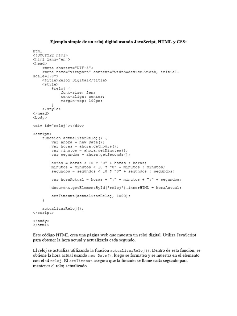 Ejemplo Simple de Un Reloj Digital Usando JavaScript, HTML y CSS | PDF Ejemplo Simple de Un Reloj Digital Usando JavaScript, HTML y CSS | PDF