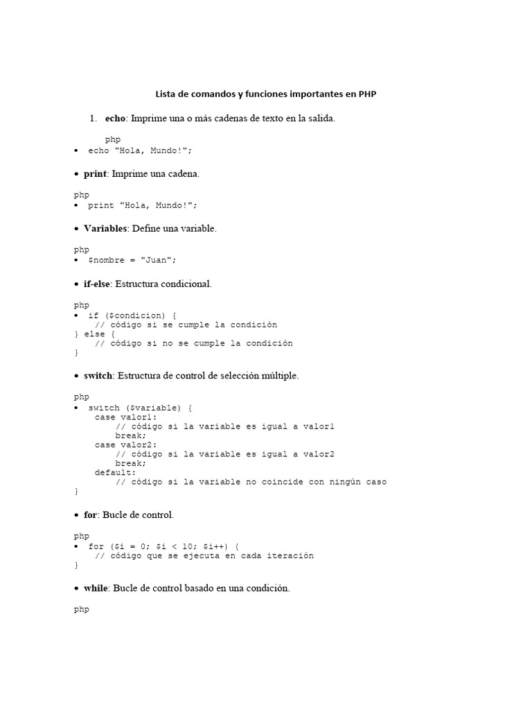 Comandos y funciones esenciales en PHP | PDF | Informática | Tecnología