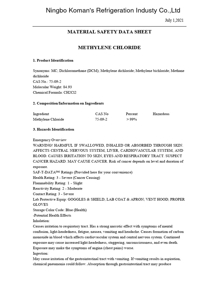 MSDS MC Methylene Chloride | PDF | Physical Sciences | Chemical Substances