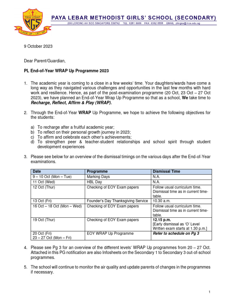 EOY Wrap Up Programme Overview PG Letter (9 Oct) - 3 | PDF | Learning