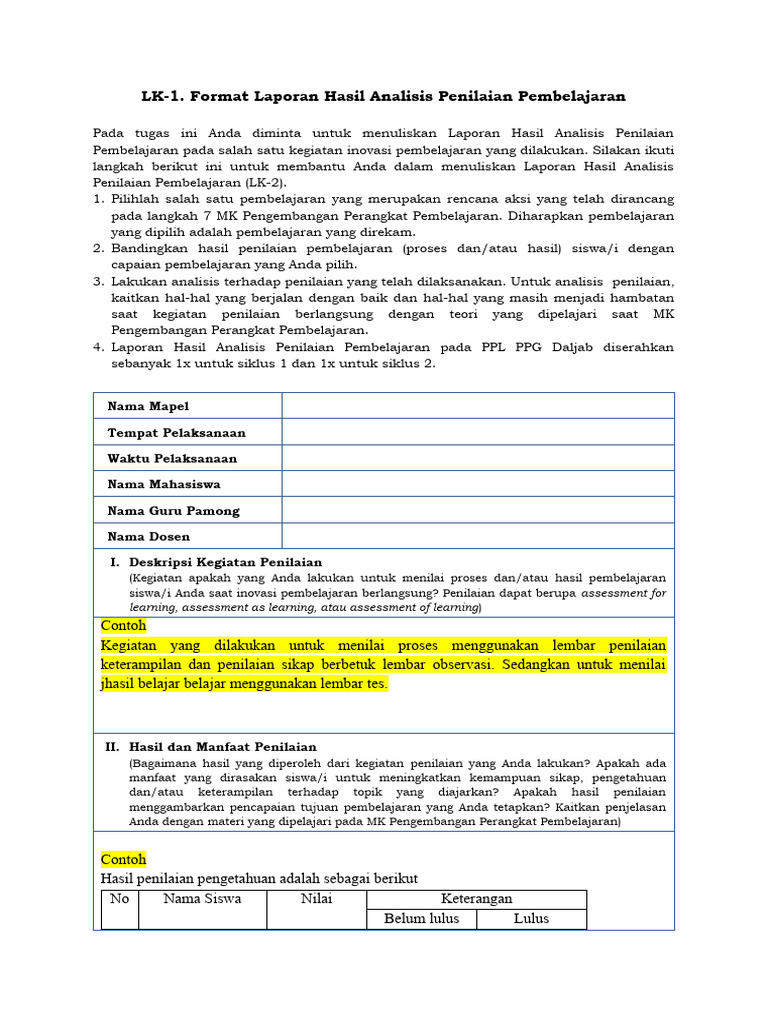 Contoh LK 1 PPL. Format Hasil Asesmen Pembelajaran | PDF