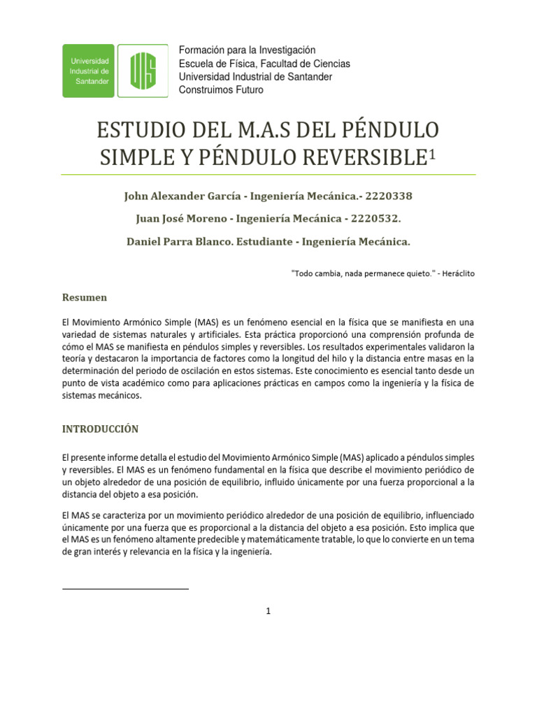 Estudio Del M.A.S Del Péndulo Simple y Péndulo Reversible | PDF | Péndulo | Oscilación