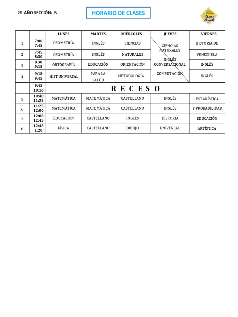Horario de Clases 2do Año B | PDF