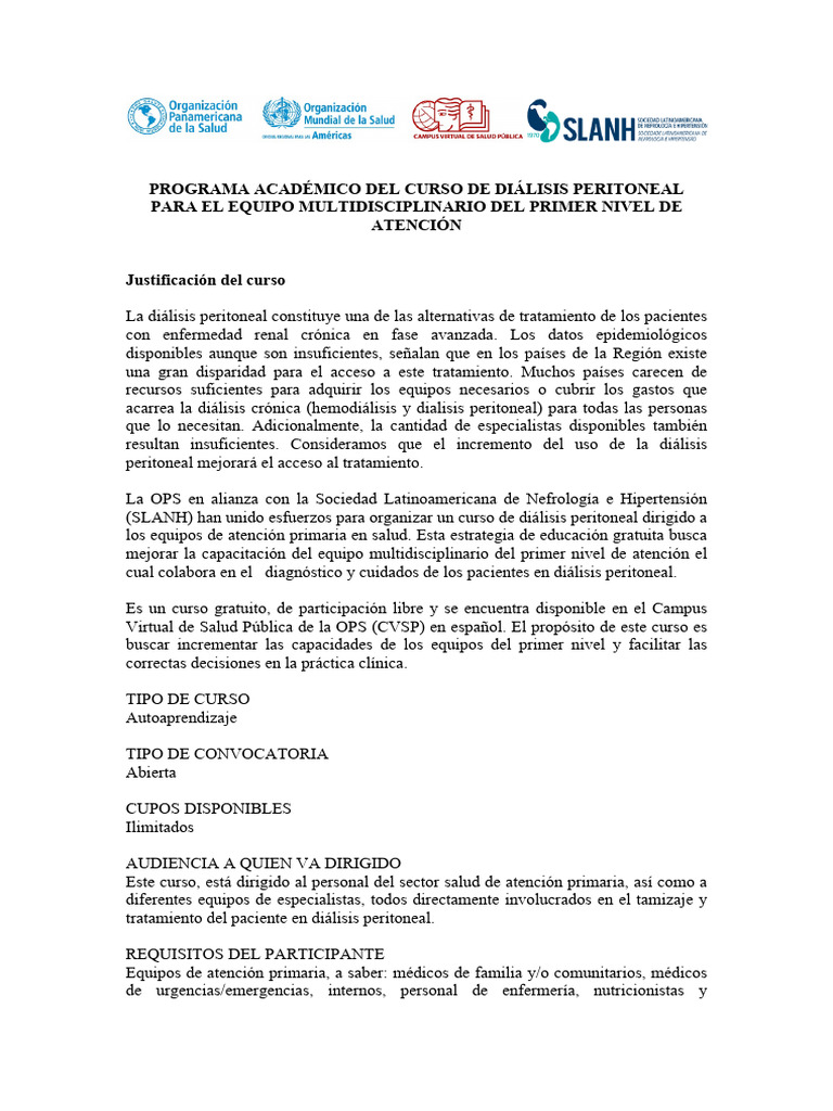 Programa Academico Curso DP Equipo Multidisciplinario APS OPS SLANH | PDF | Enfermedad renal ...