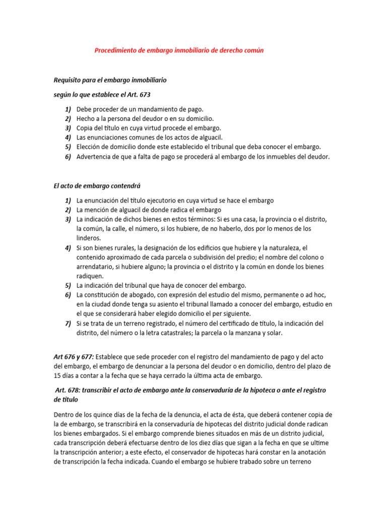 Procedimiento de Embargo Inmobiliario de Derecho Común | PDF