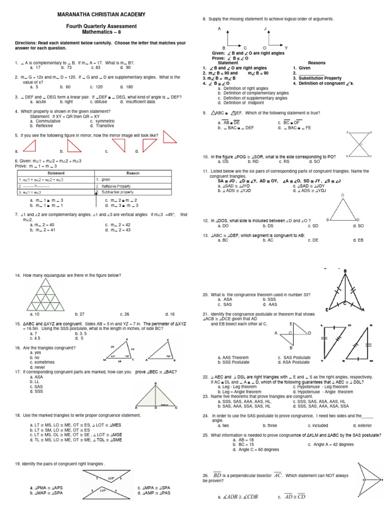 Math 8 Exam | PDF | Elementary Geometry | Classical Geometry
