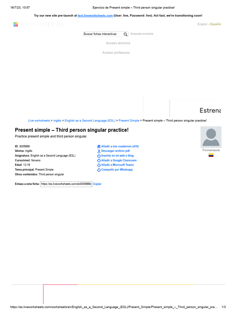 Ejercicio de Present Simple - Third Person Singular Practice! | PDF