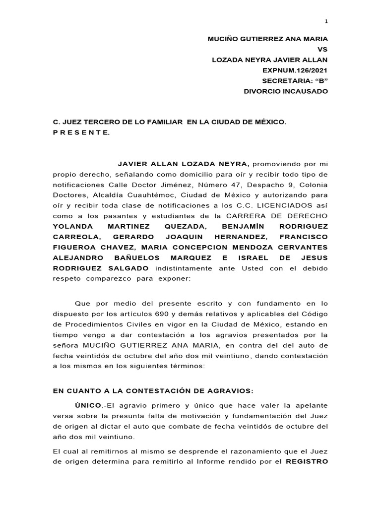 Contestación de Agravios en Divorcio | PDF | México | Justicia