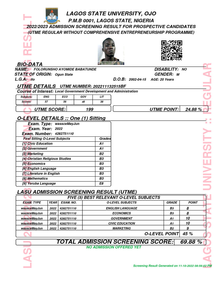 Warees Folorunsho Lasu 2022-2023 Admission Screening Result (Utme) | PDF