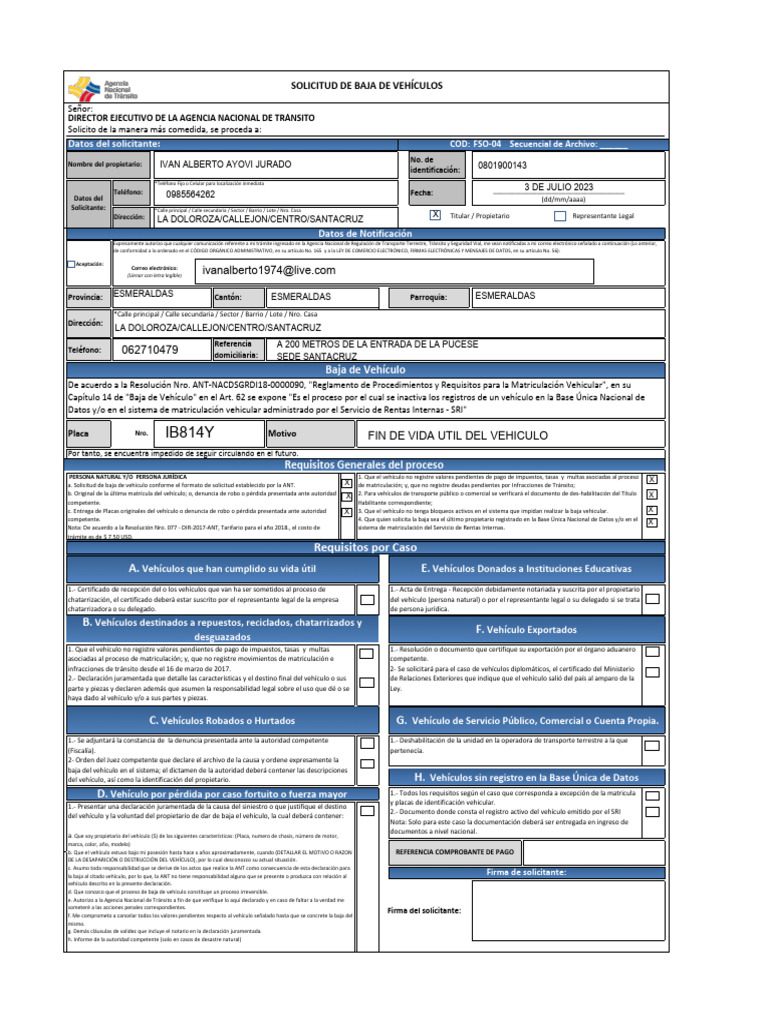 Formulario de Baja Vehicular | PDF