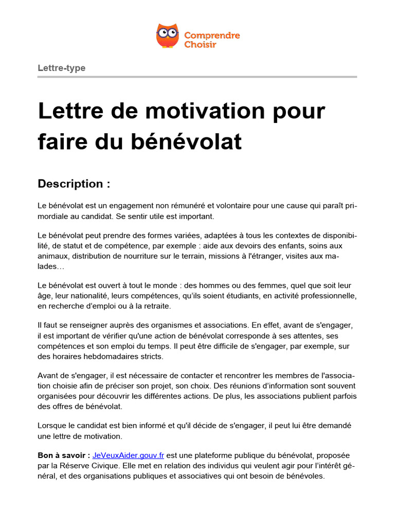 Ooreka Lettre Motivation Benevolat | PDF