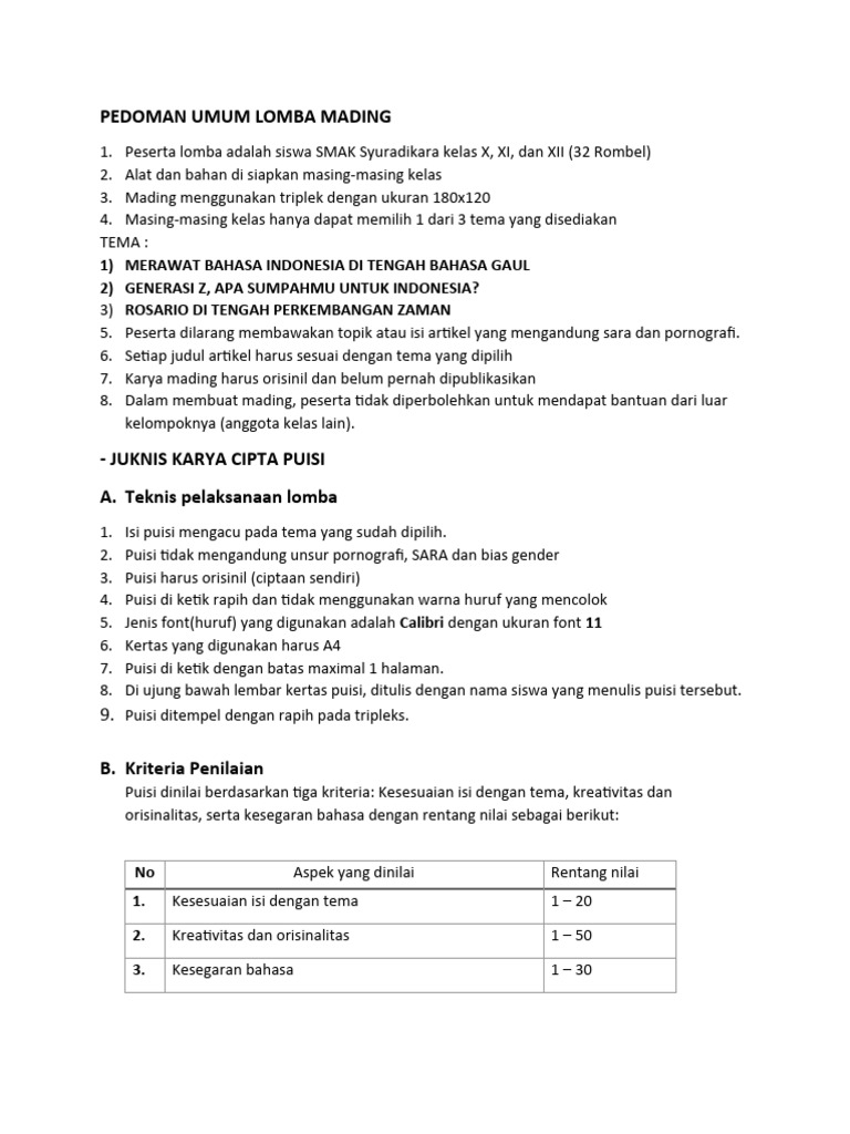 Pedoman Lomba Mading SMAK Syuradikara | PDF