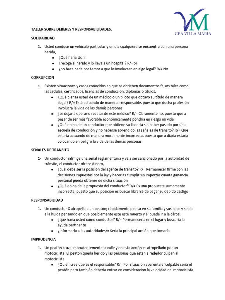 Taller Sobre Deberes y Responsabilidades | PDF | Peatonal | Semáforo