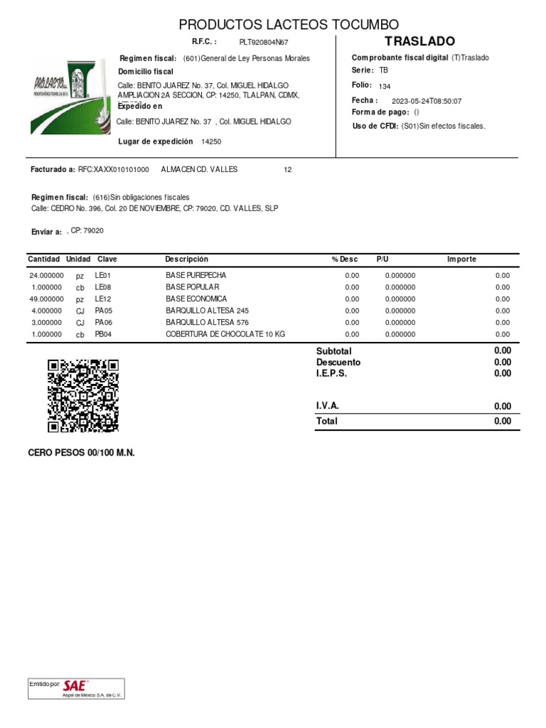 CFDI Productos Lácteos Tocumbo | PDF