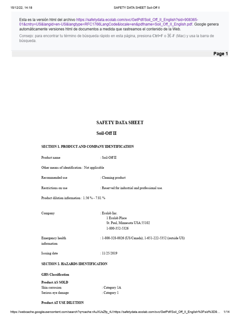 Safety Data Sheet Soil-Off II | PDF | Personal Protective Equipment | Toxicity