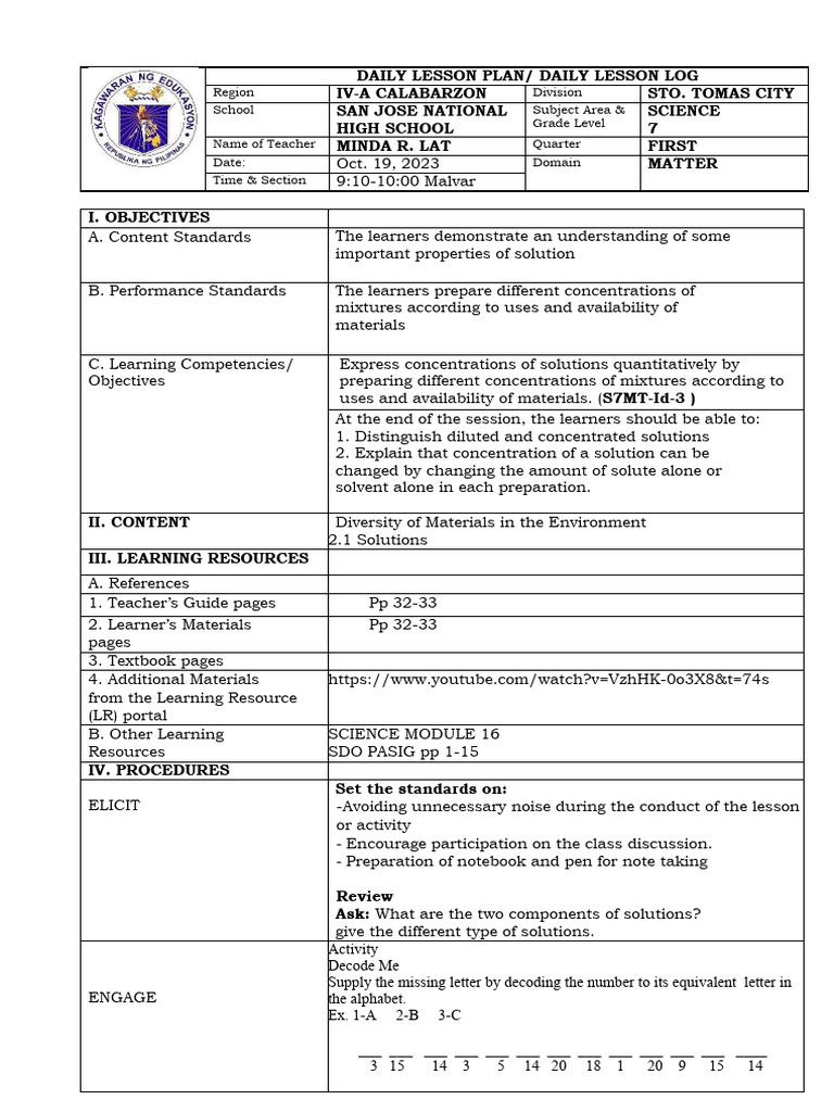 Daily Lesson Plan Oct. 19 Cot Final | PDF | Concentration | Learning