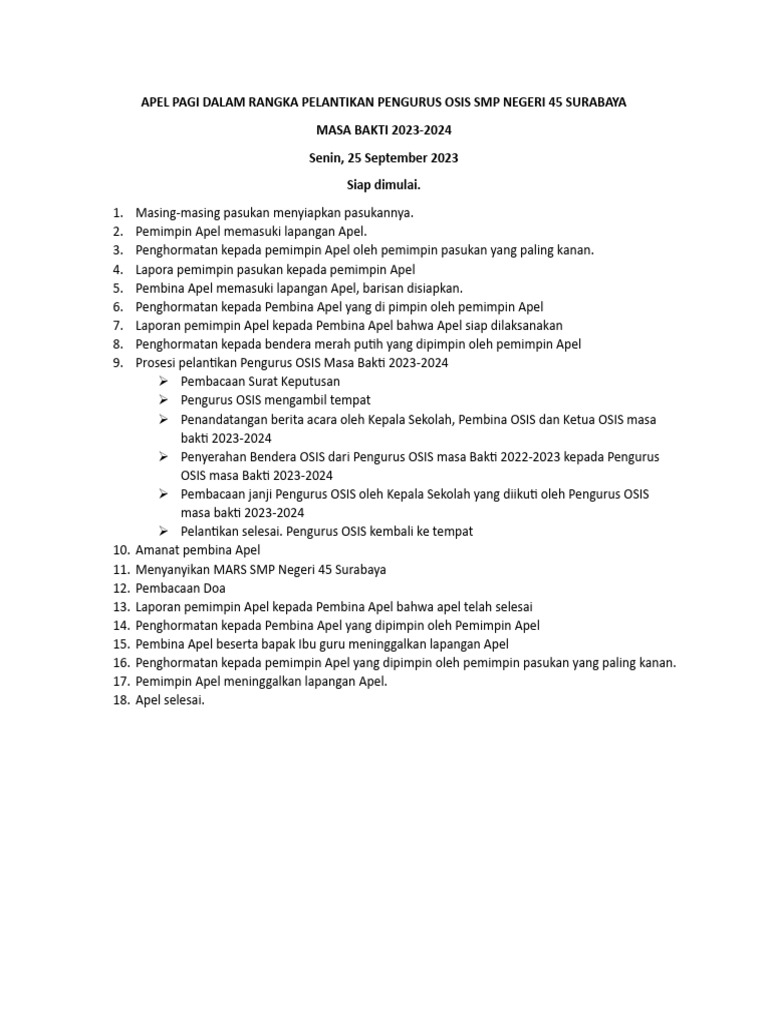 Protokol Apel Sertijab Osis 2023 | PDF
