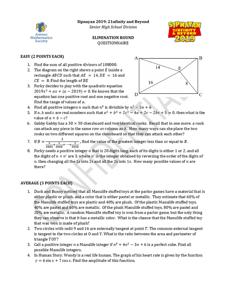 Sipnayan 2019 Math Competition Questions | PDF