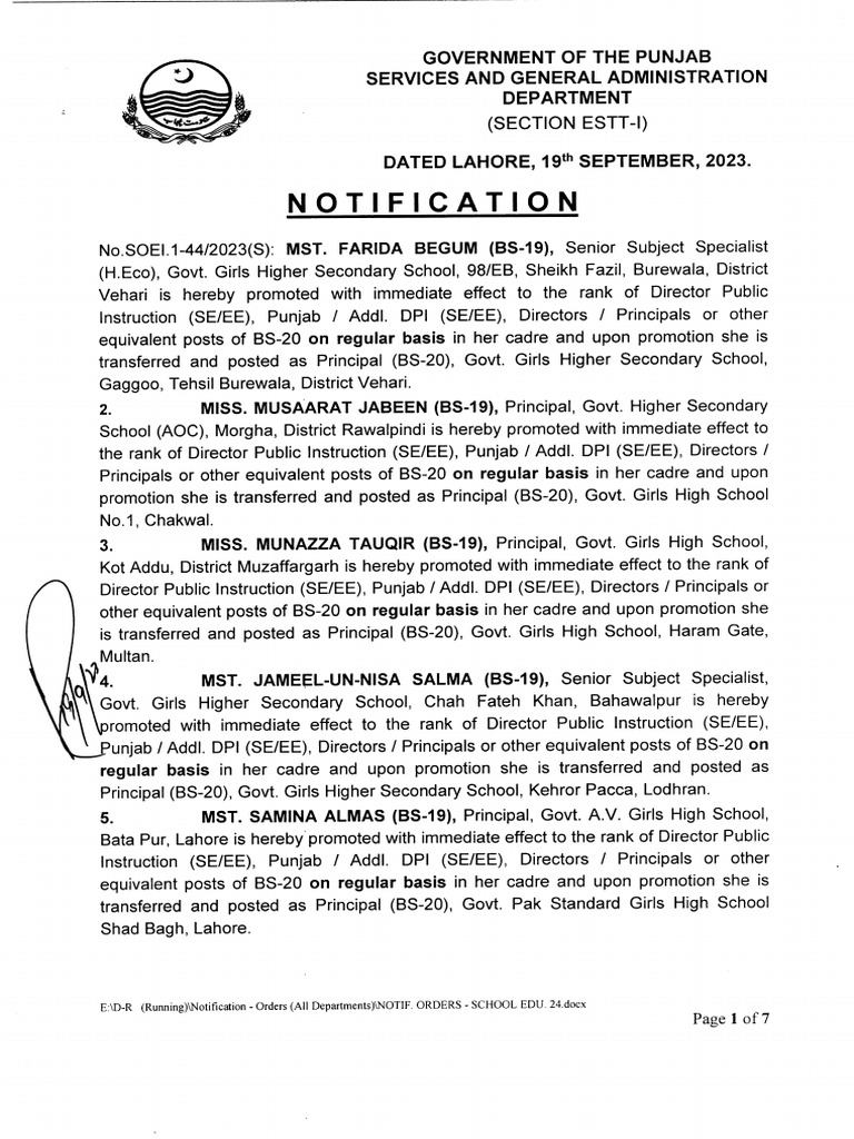 Notification SED Female (BS-19 To BS-20) | PDF