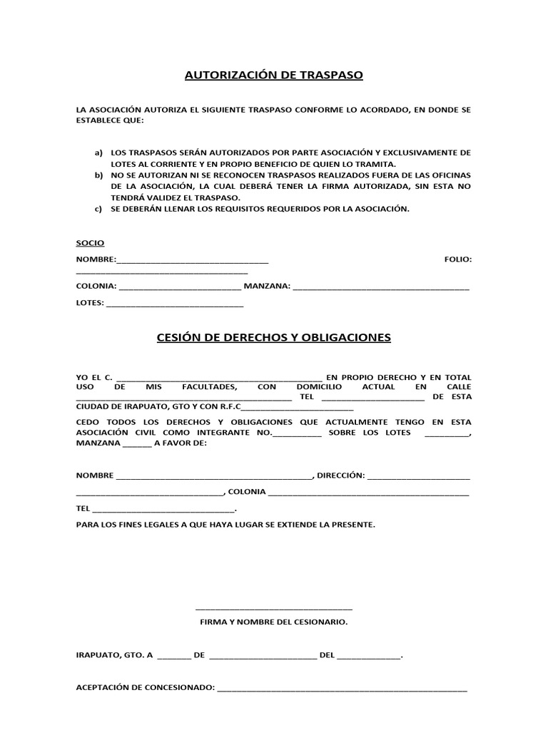 Autorizacion de Traspaso | PDF