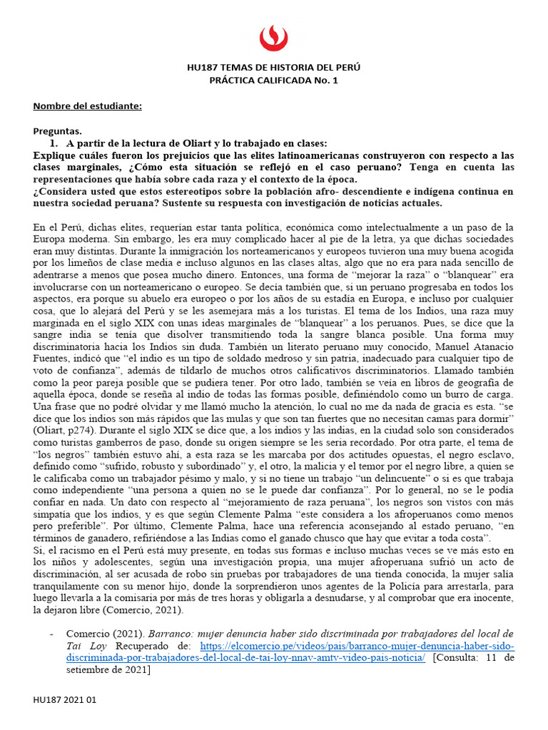 PC1 - Teoría Historia Del Perú Upc | PDF | Perú | Raza (categorización humana)