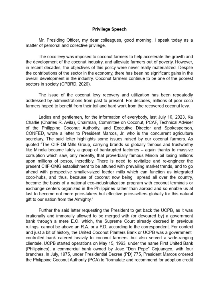 Privilege Speech On Coconut | PDF | Philippines