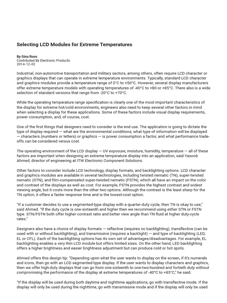 Extreme Temperature LCD Selection Guide | PDF | Liquid Crystal Display ...